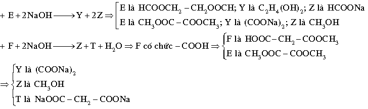 Cho các sơ đồ phản ứng xảy ra theo đúng tỉ lệ mol:E + 2NaOH → Y + 2ZF + 2NaOH → Z + T + H2OBiết ...